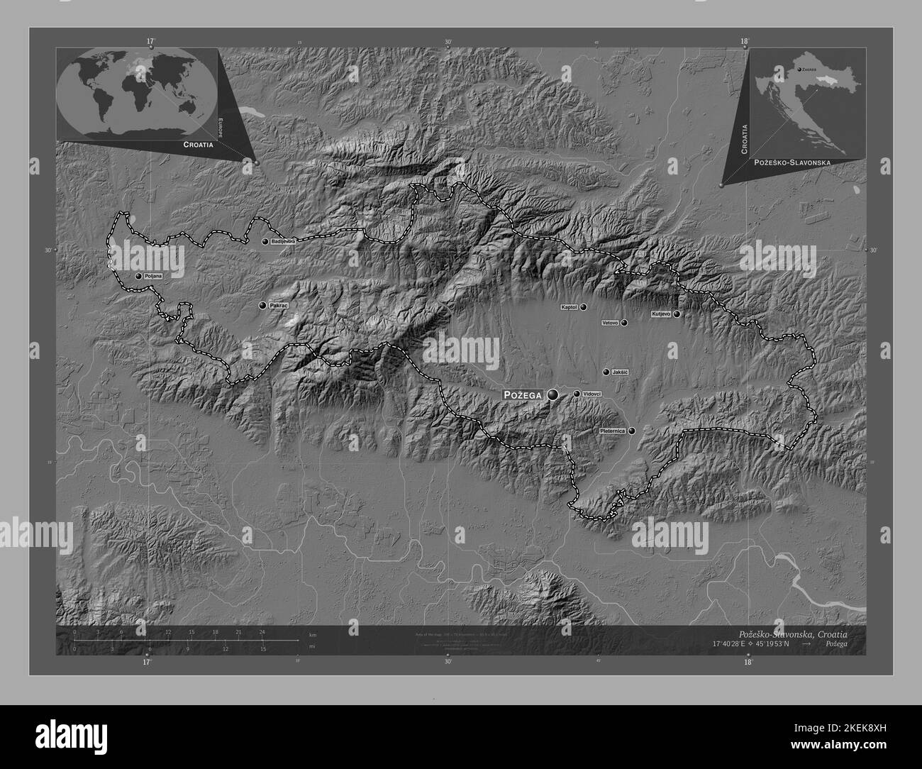 Pozesko-Slavonska, county of Croatia. Bilevel elevation map with lakes ...