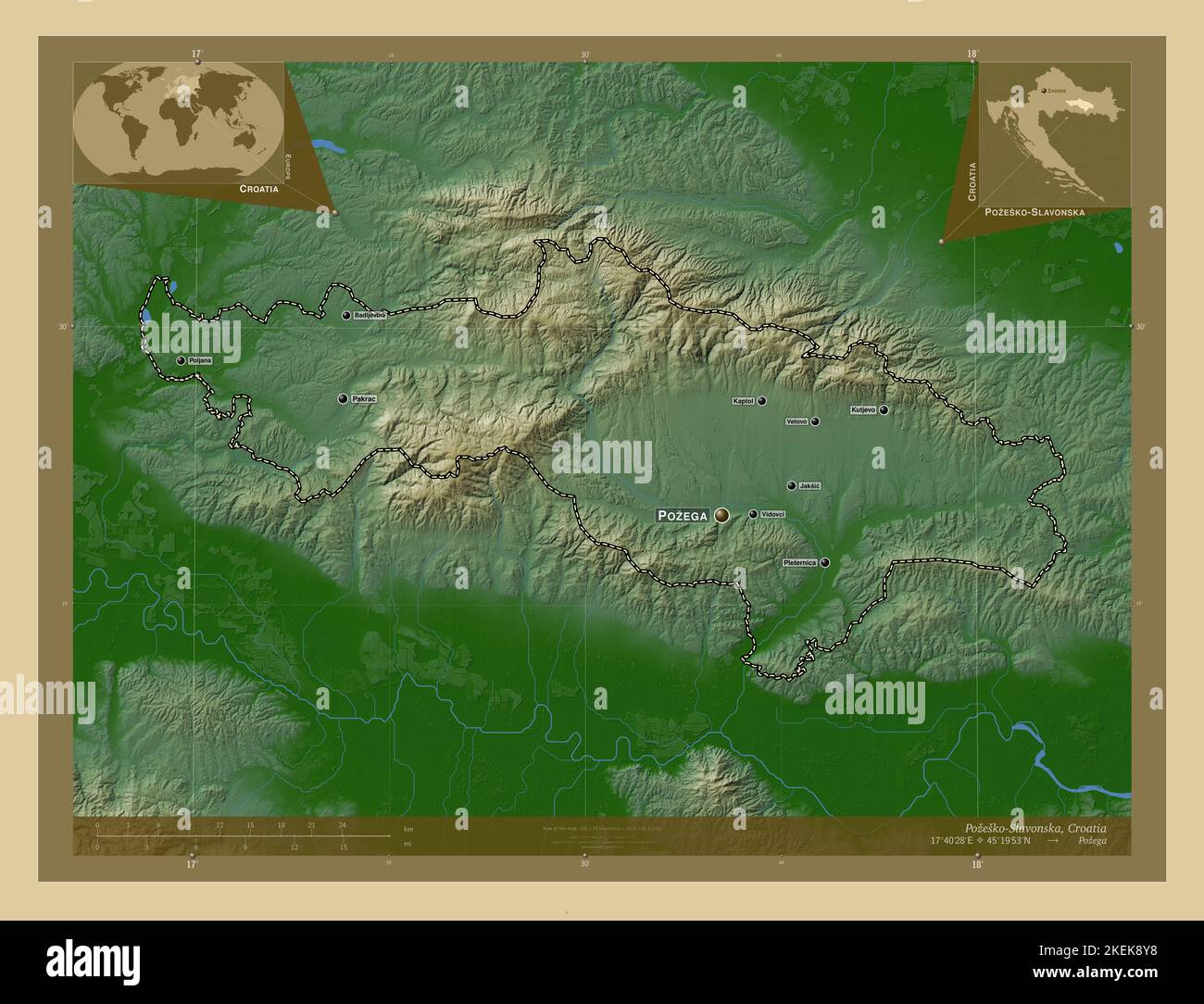 Pozesko-Slavonska, county of Croatia. Colored elevation map with lakes ...