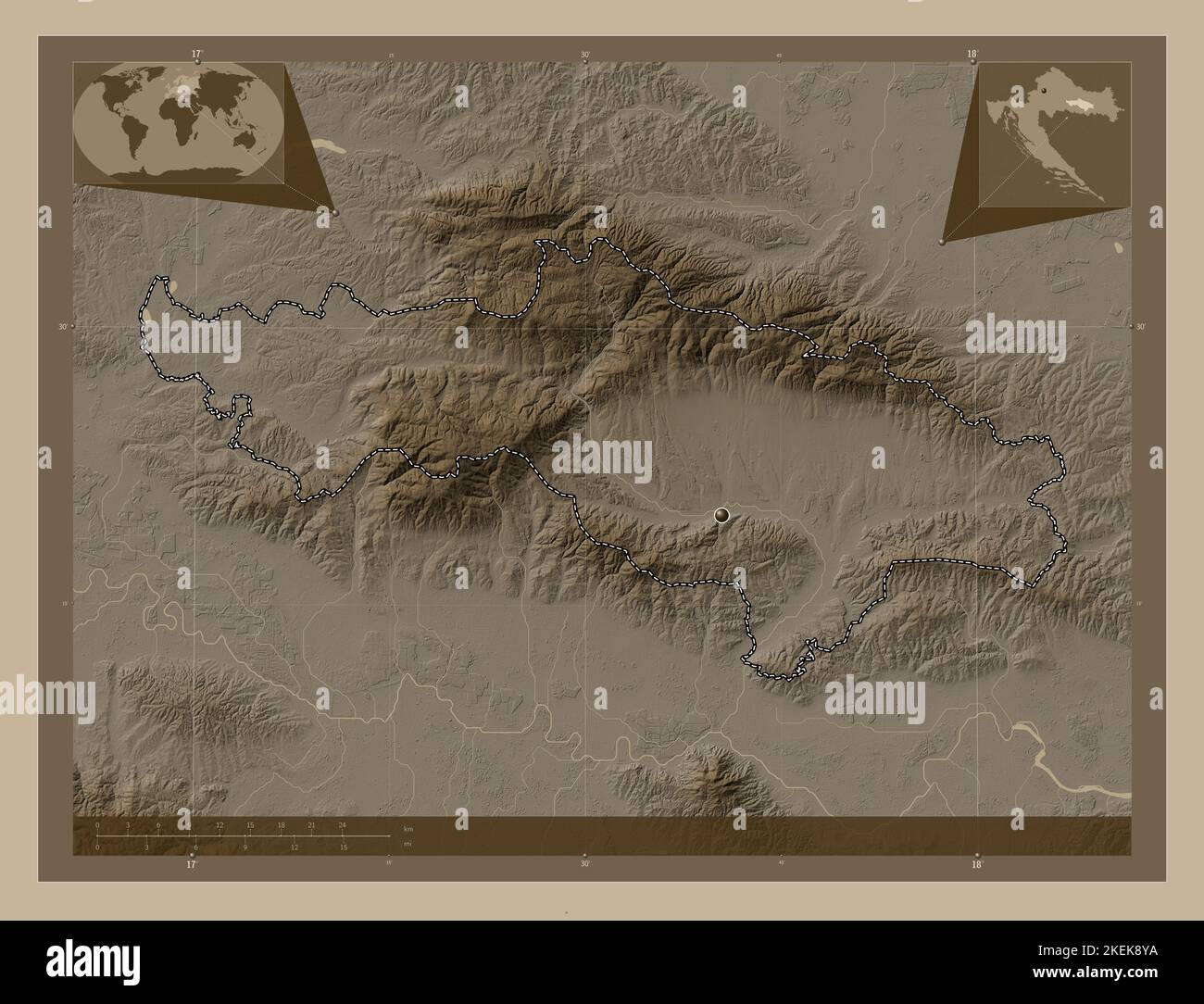 Pozesko-Slavonska, county of Croatia. Elevation map colored in sepia ...