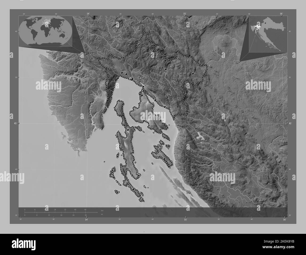 Primorsko-Goranska, county of Croatia. Grayscale elevation map with ...