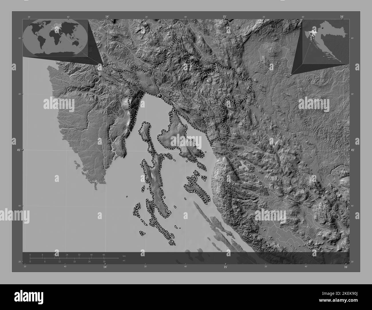 Primorsko-Goranska, county of Croatia. Bilevel elevation map with lakes ...