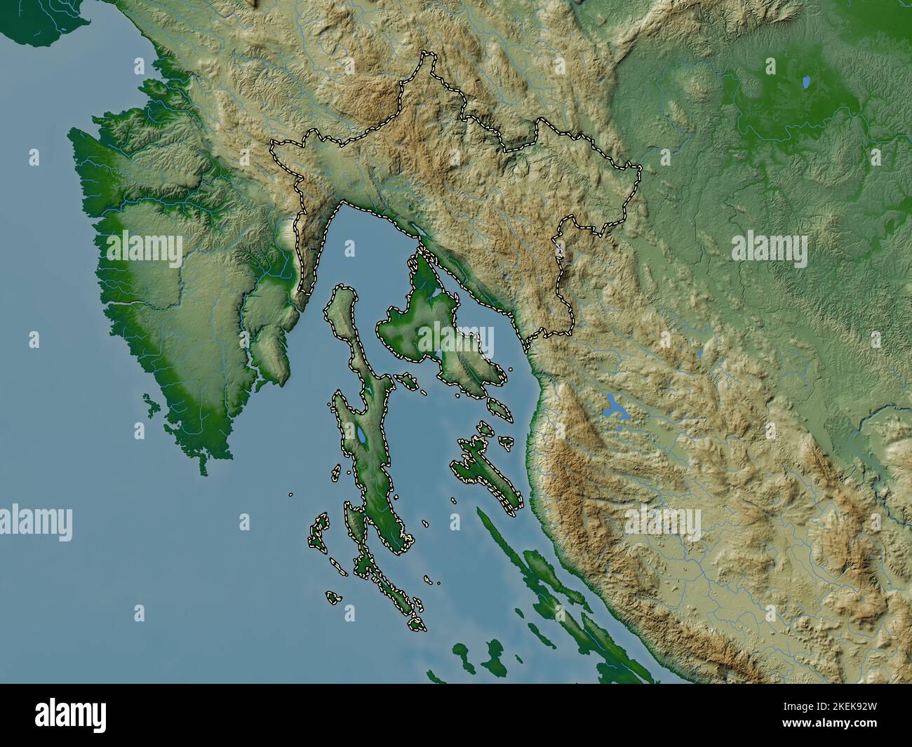 Primorsko-Goranska, county of Croatia. Colored elevation map with lakes ...