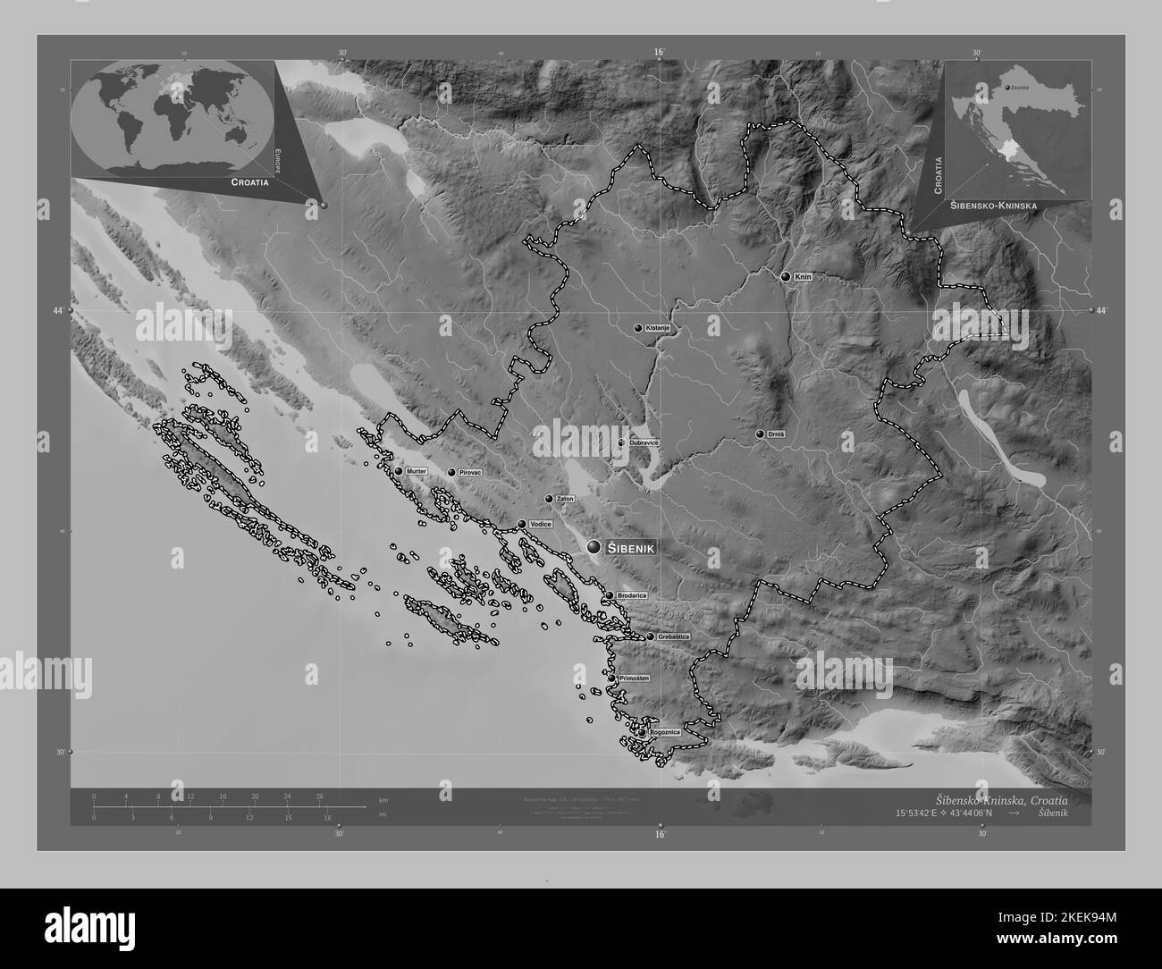 Sibensko-Kninska, county of Croatia. Grayscale elevation map with lakes ...