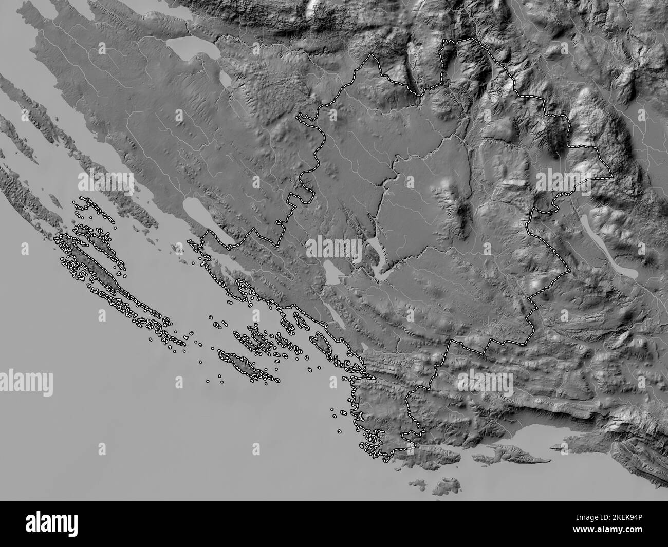 Sibensko-Kninska, county of Croatia. Bilevel elevation map with lakes and rivers Stock Photo - Alamy