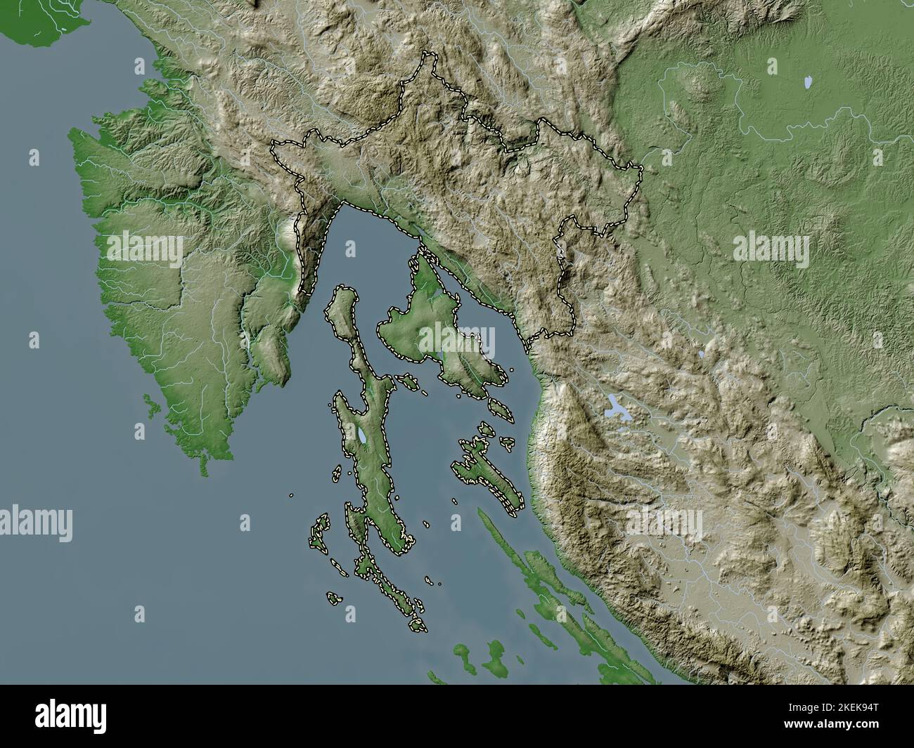 Primorsko-Goranska, county of Croatia. Elevation map colored in wiki style with lakes and rivers ...