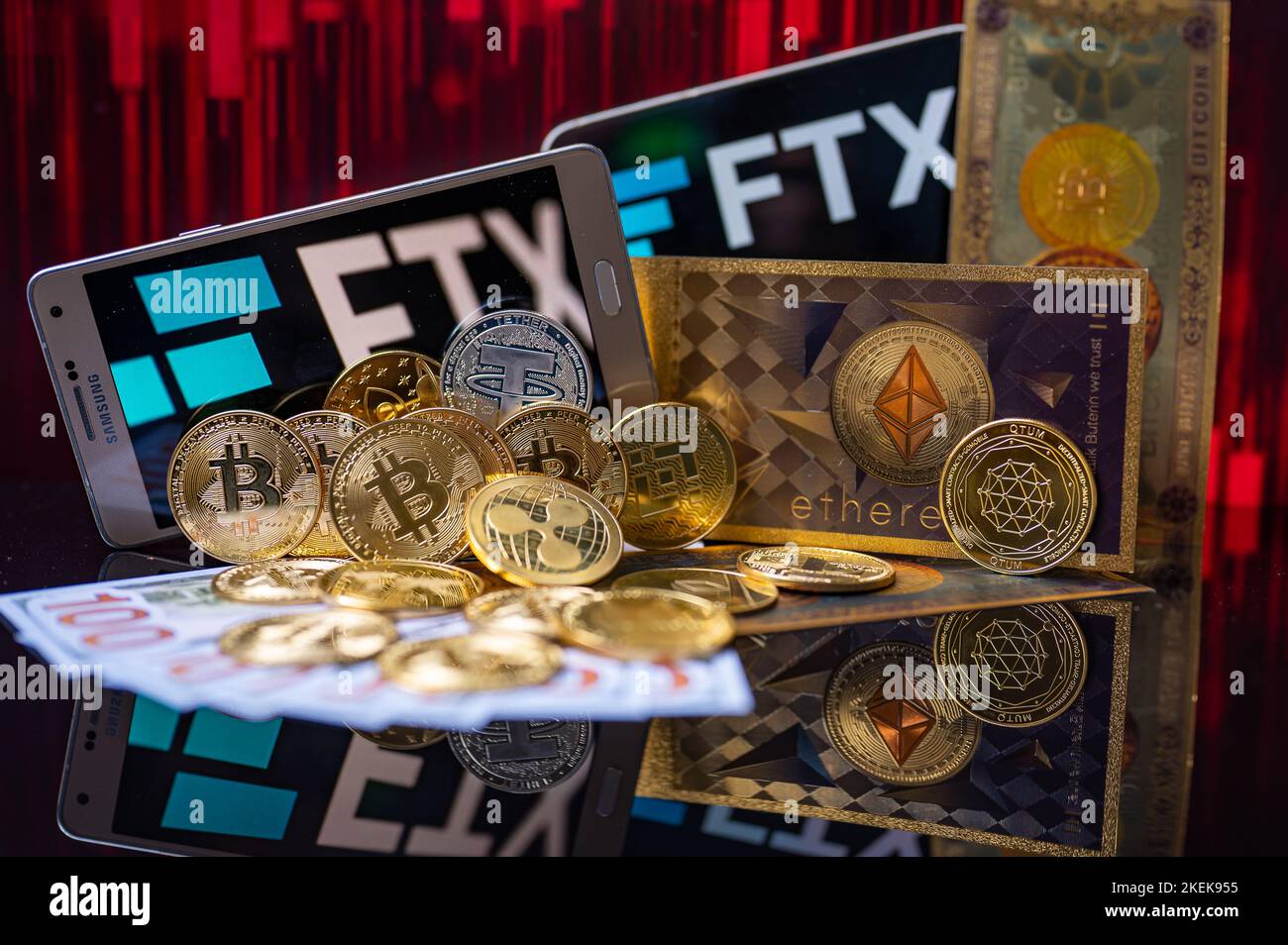 FTX logo with crypto coins with 100 Dollar note are displayed for ...