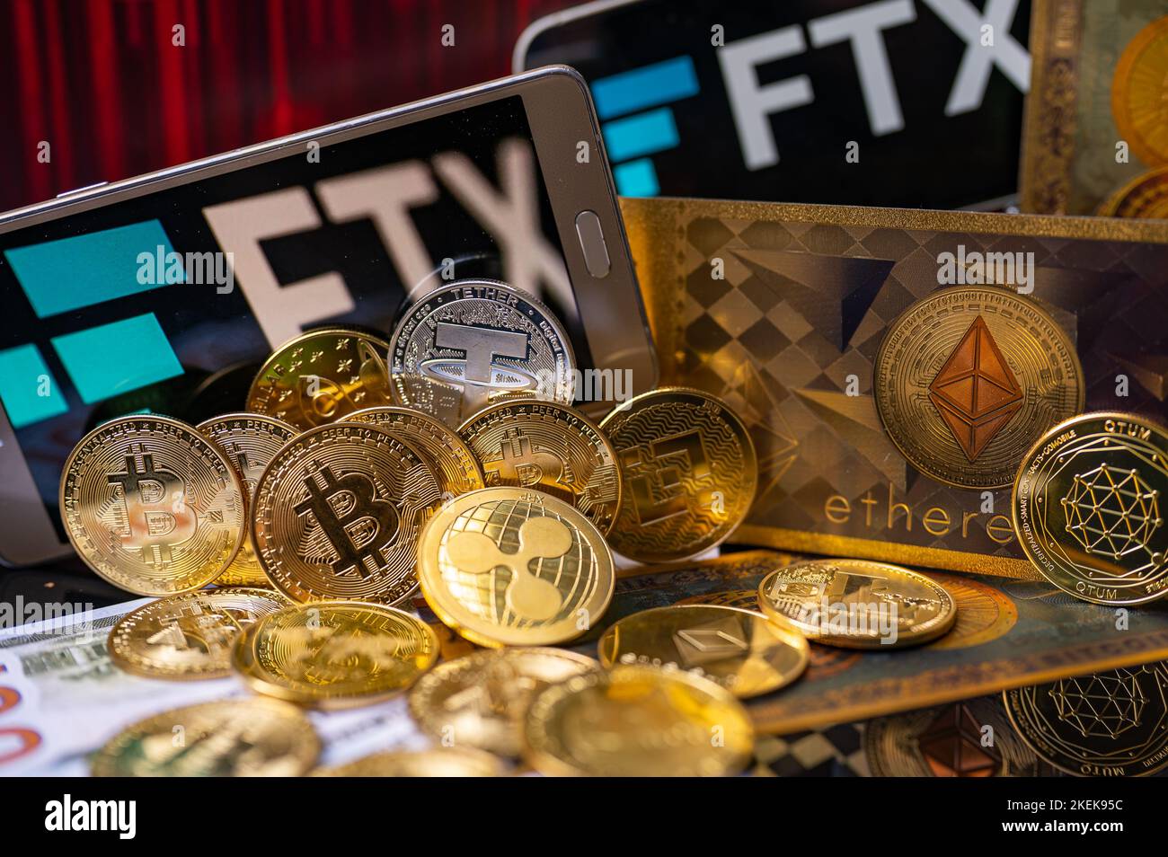 FTX logo with crypto coins with 100 Dollar note are displayed for ...