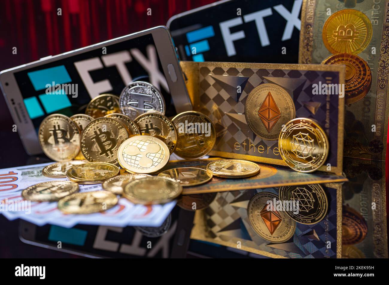FTX logo with crypto coins with 100 Dollar note are displayed for ...