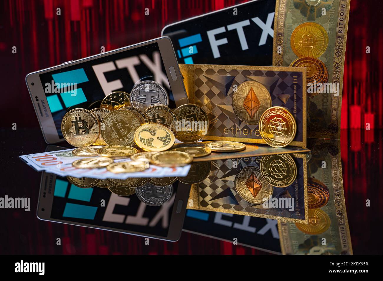 FTX logo with crypto coins with 100 Dollar note are displayed for ...