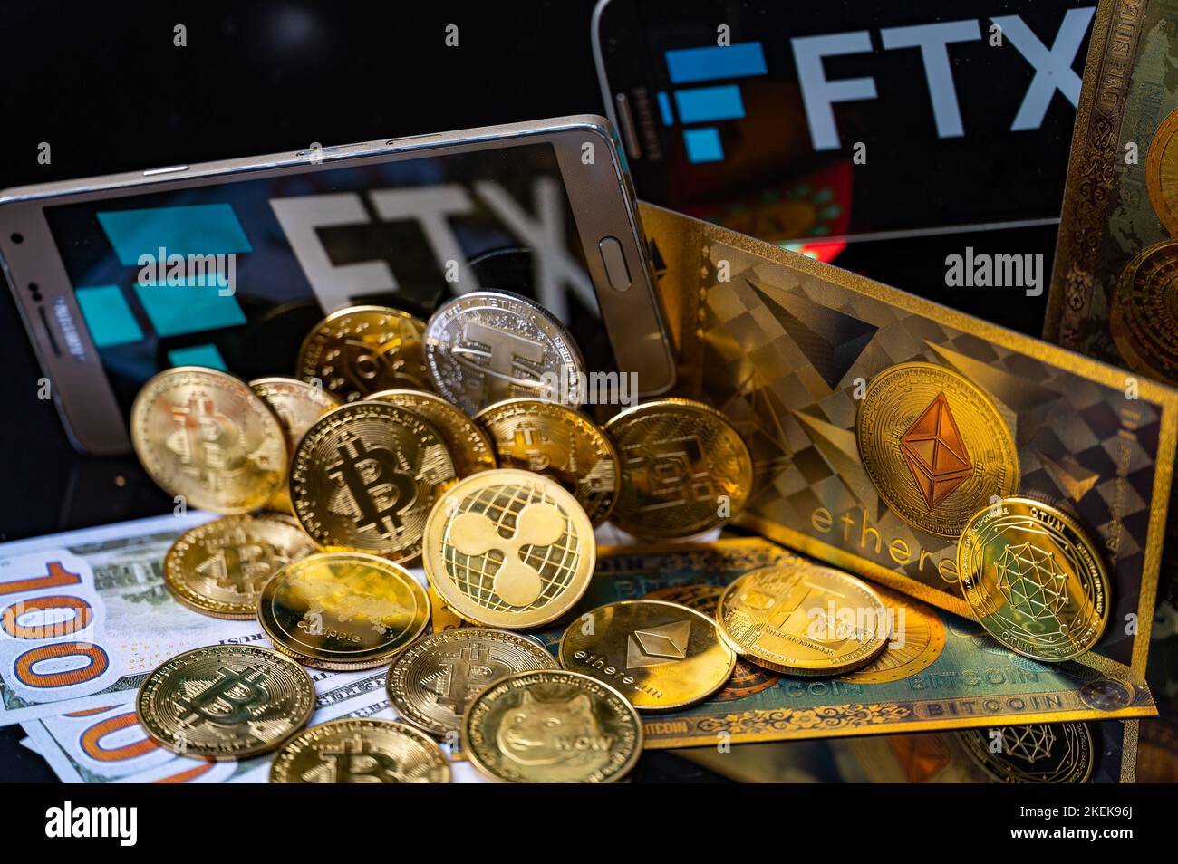 FTX logo with crypto coins with 100 Dollar note are displayed for ...