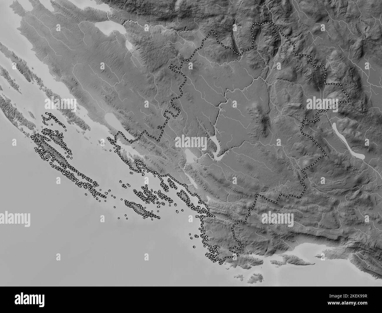 Sibensko-Kninska, county of Croatia. Grayscale elevation map with lakes ...