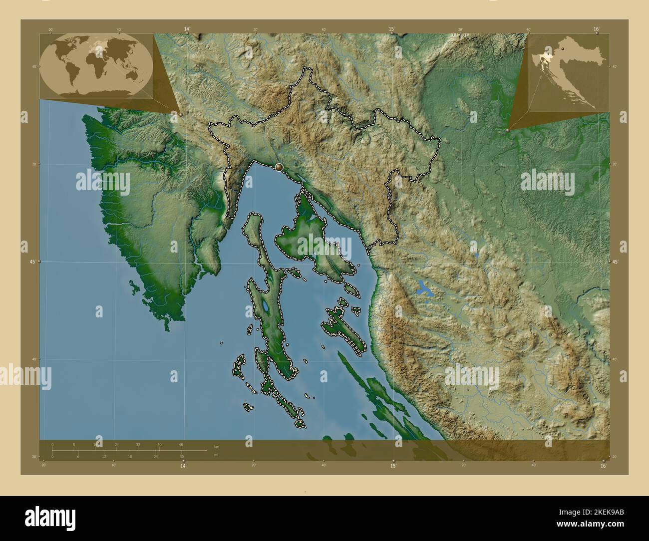 Primorsko-Goranska, county of Croatia. Colored elevation map with lakes ...