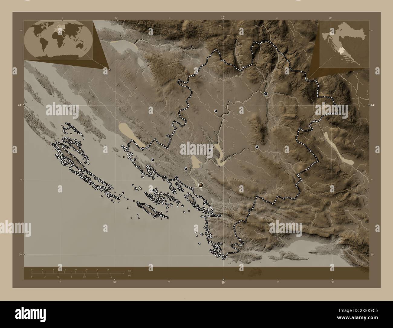 Sibensko-Kninska, county of Croatia. Elevation map colored in sepia ...