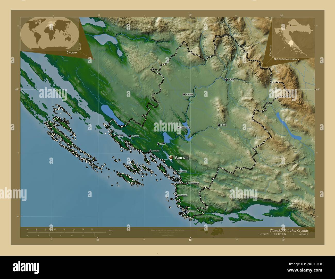 Sibensko-Kninska, county of Croatia. Colored elevation map with lakes ...