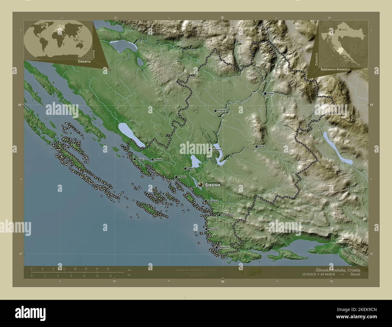 Sibensko-Kninska, county of Croatia. Elevation map colored in wiki ...