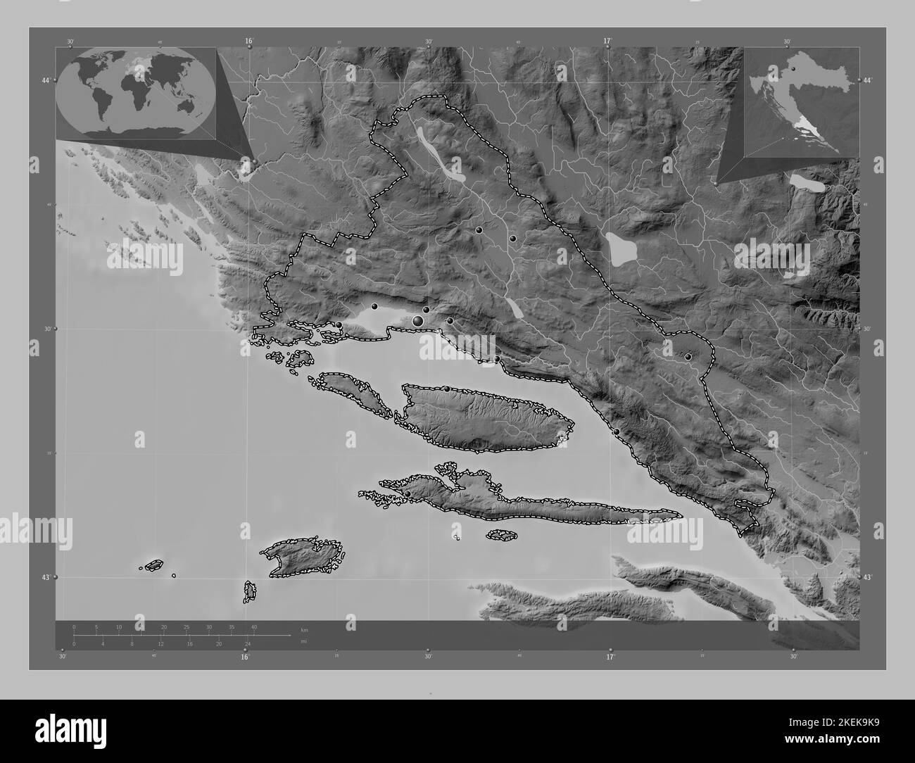Splitsko-Dalmatinska, county of Croatia. Grayscale elevation map with ...