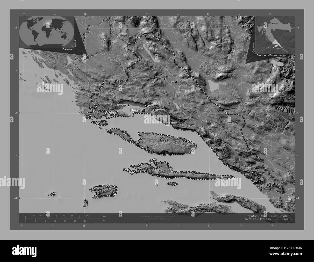 Splitsko-Dalmatinska, county of Croatia. Bilevel elevation map with ...