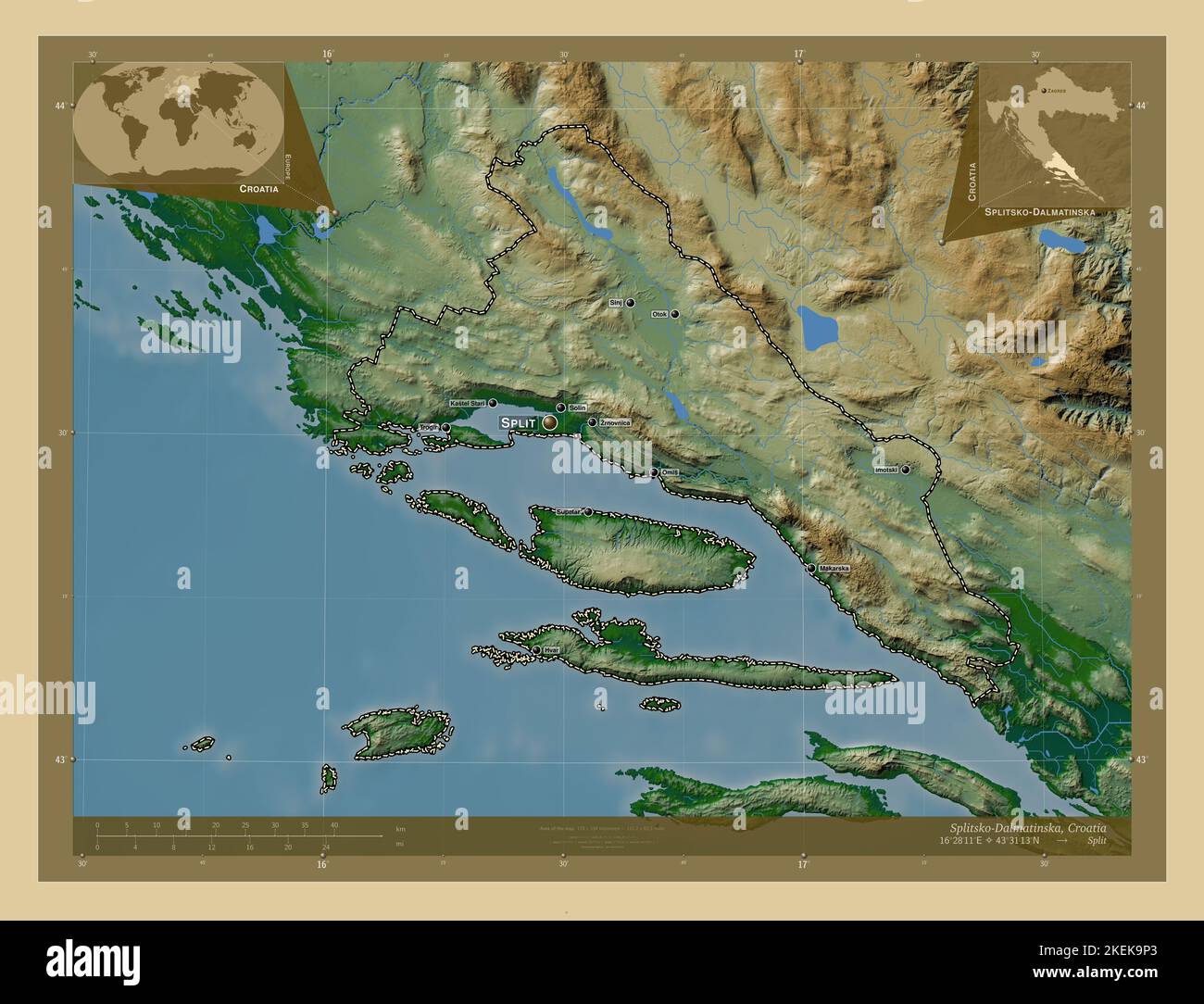 Splitsko-Dalmatinska, county of Croatia. Colored elevation map with ...