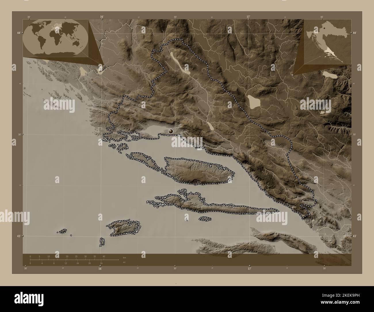 Splitsko-Dalmatinska, county of Croatia. Elevation map colored in sepia ...