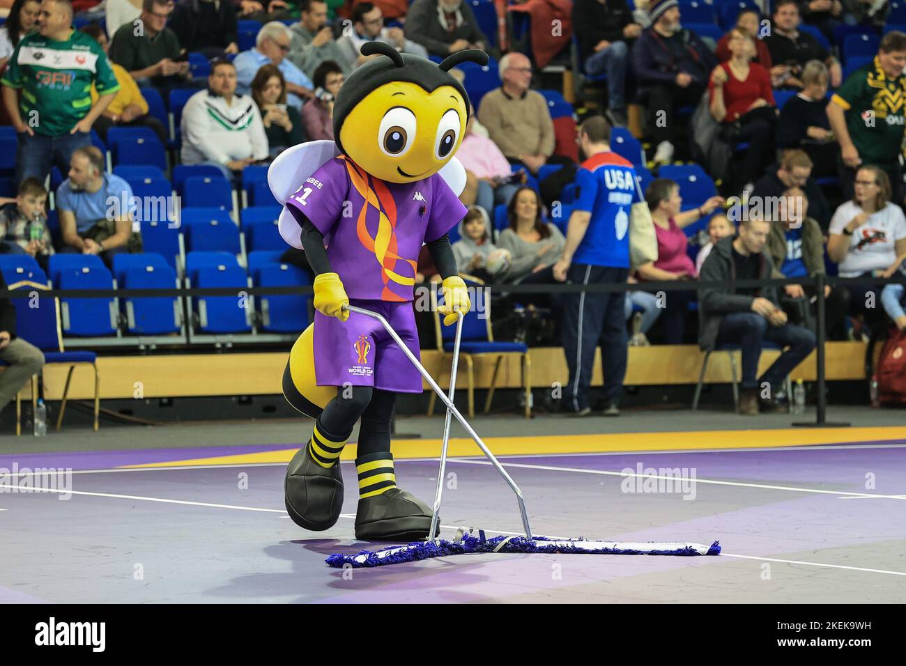 Sheffield, UK. 13th Nov, 2022. RugBee the RLWC21 mascot on clean up ...