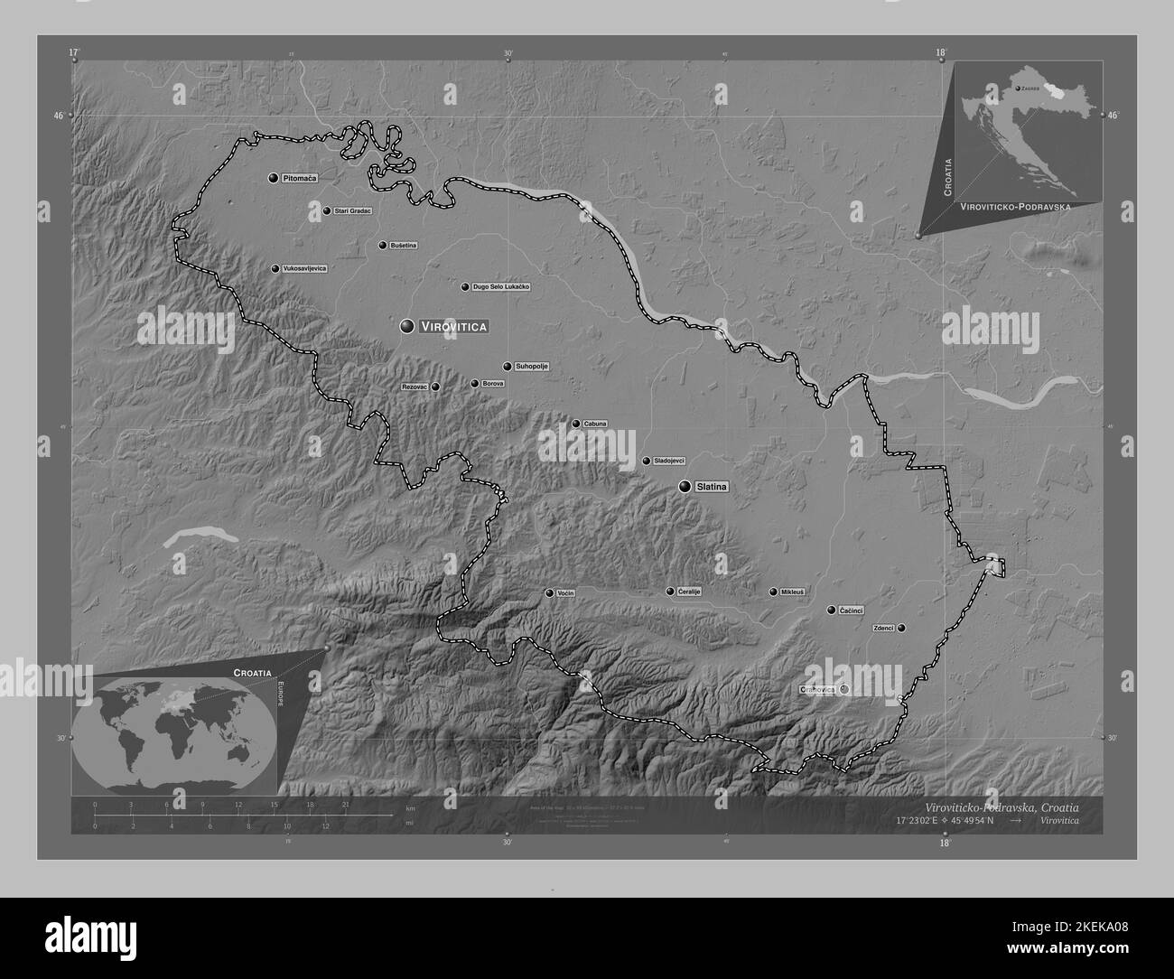 Viroviticko-Podravska, county of Croatia. Grayscale elevation map with ...