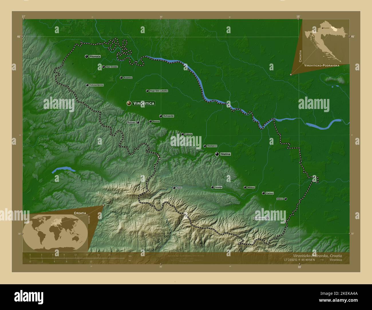 Viroviticko-Podravska, county of Croatia. Colored elevation map with ...