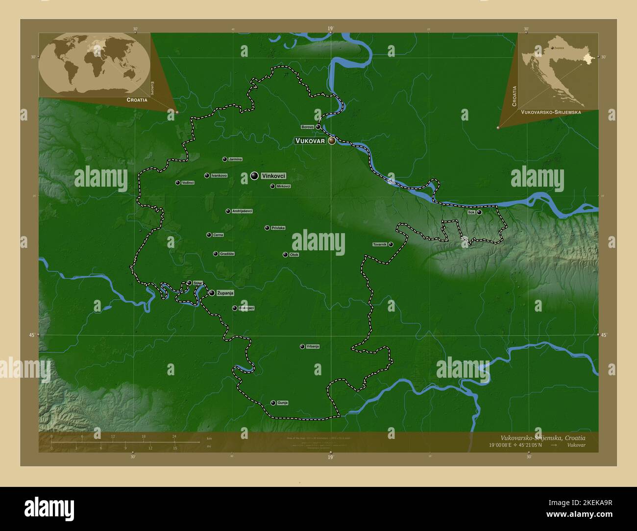 Vukovarsko-Srijemska, county of Croatia. Colored elevation map with ...