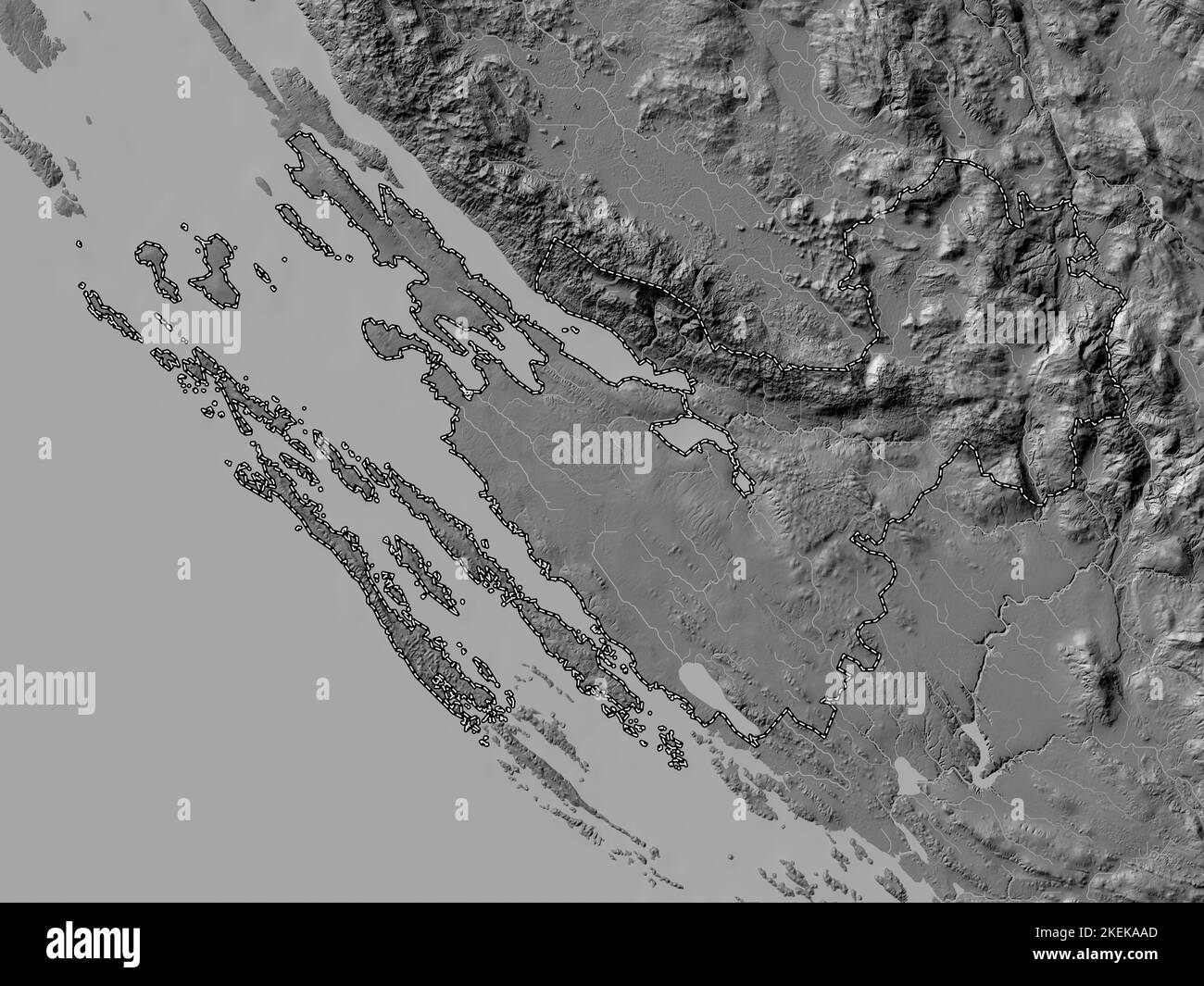 Zadarska, county of Croatia. Bilevel elevation map with lakes and ...
