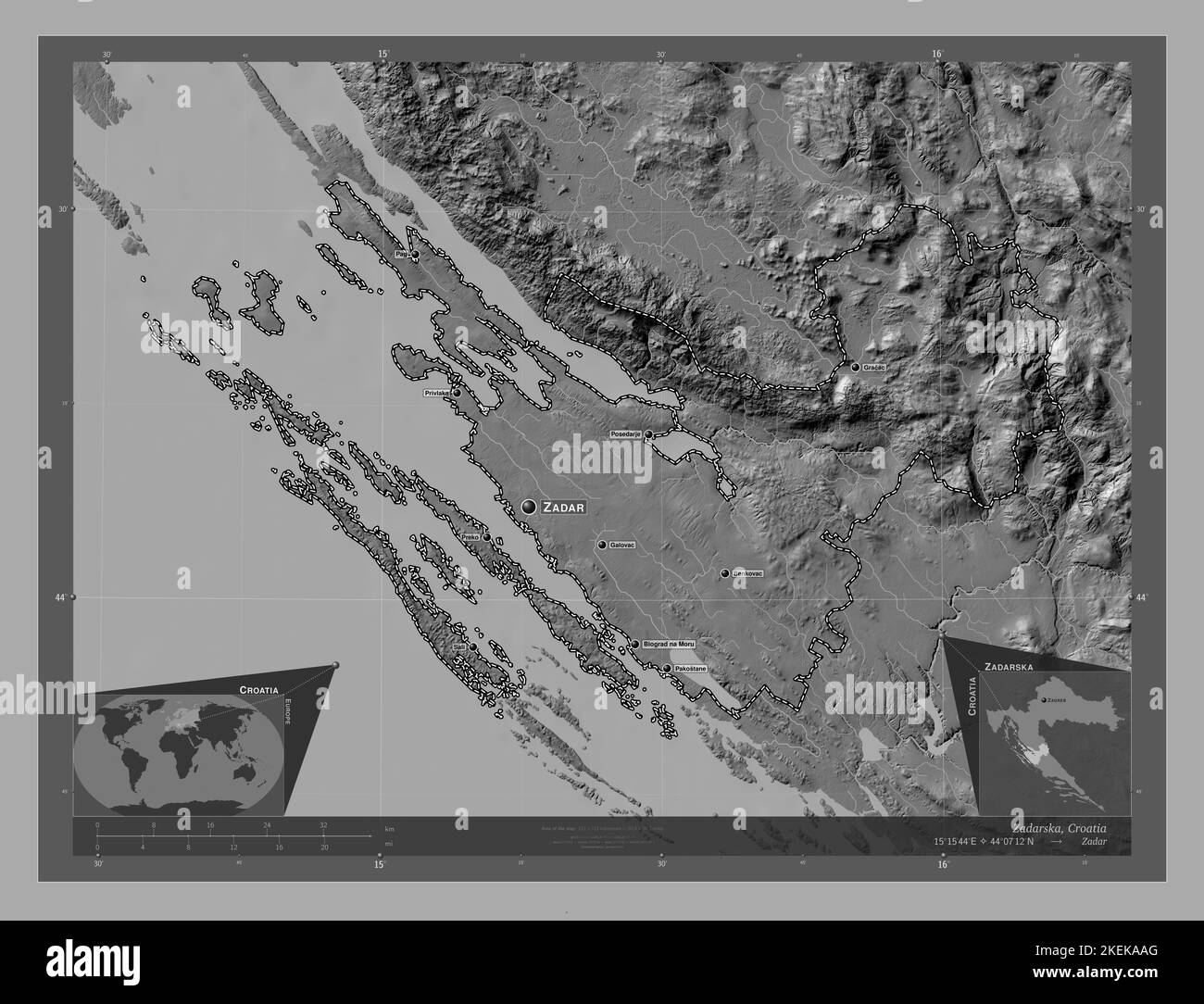 Zadarska, county of Croatia. Bilevel elevation map with lakes and ...