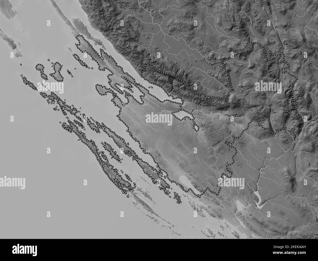 Zadarska, county of Croatia. Grayscale elevation map with lakes and ...