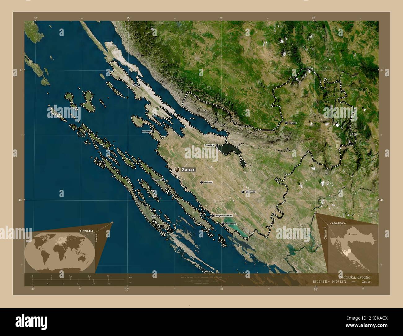 Zadarska, county of Croatia. Low resolution satellite map. Locations ...