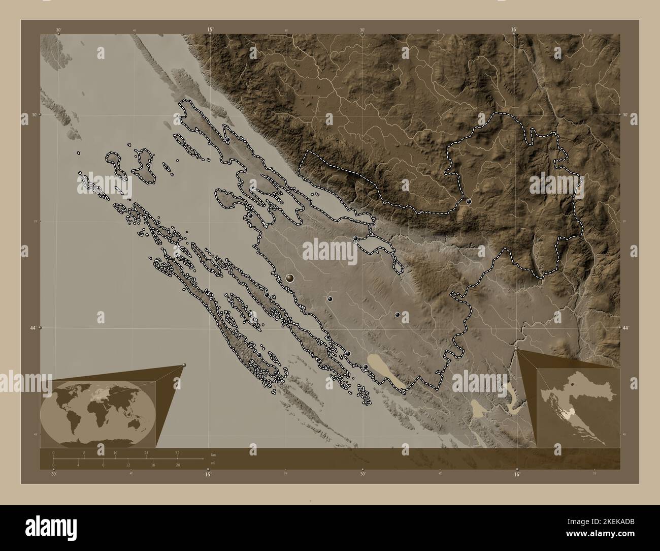 Zadarska, county of Croatia. Elevation map colored in sepia tones with ...