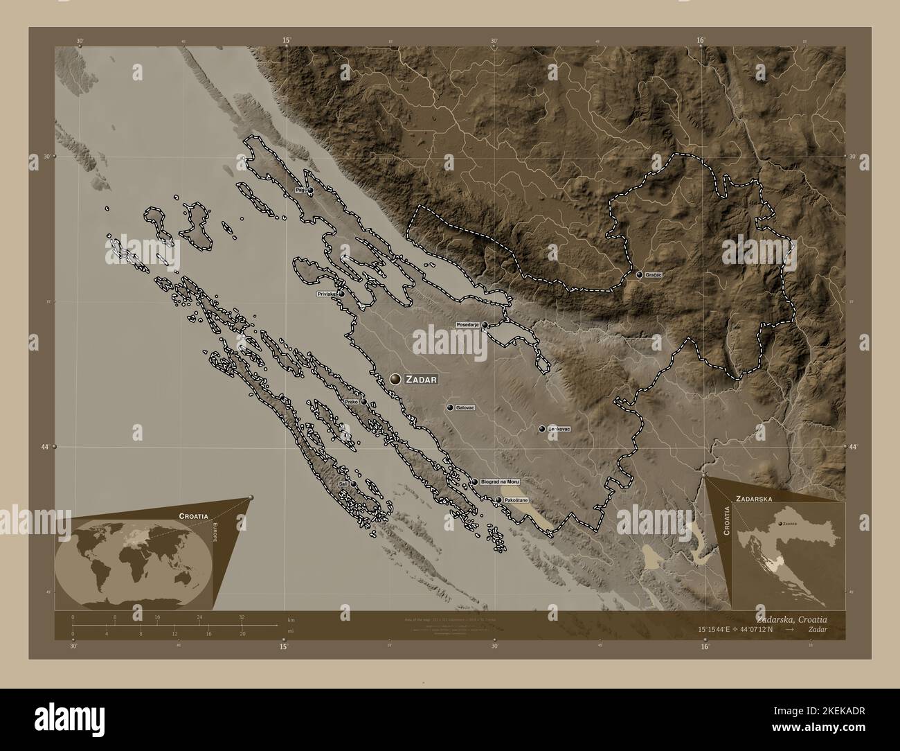 Zadarska, county of Croatia. Elevation map colored in sepia tones with lakes and rivers ...