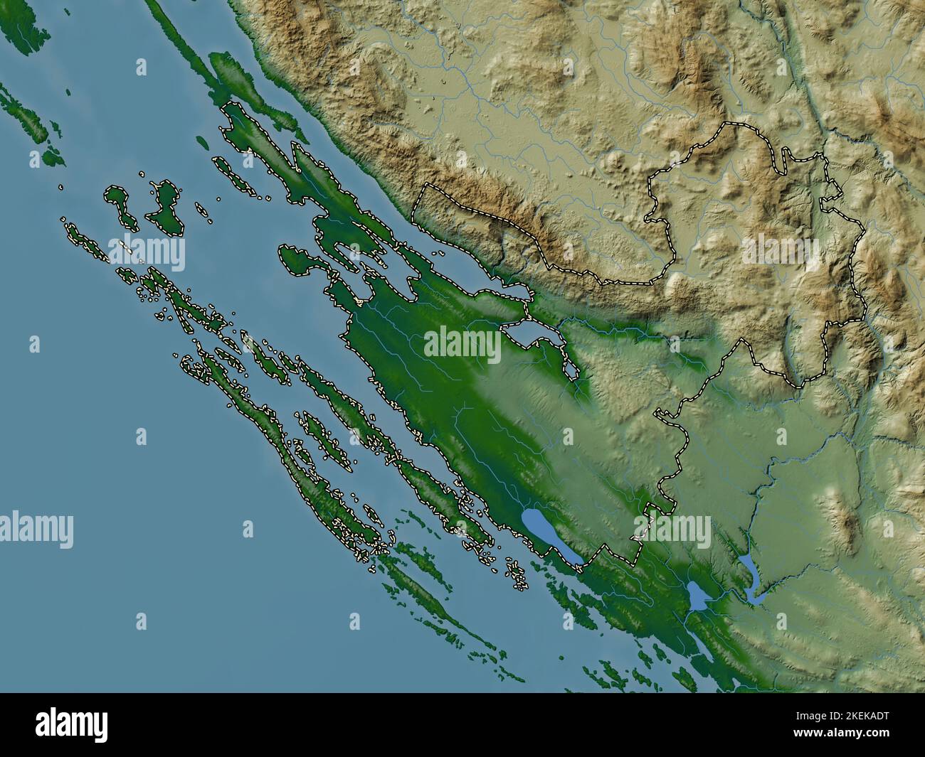 Zadarska, county of Croatia. Colored elevation map with lakes and ...