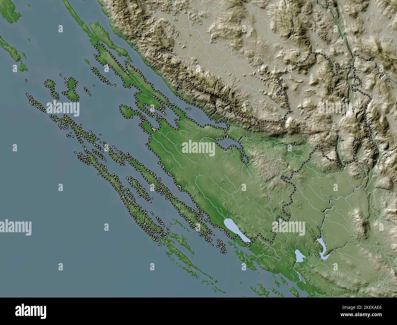 Zadarska, county of Croatia. Elevation map colored in wiki style with lakes and rivers Stock ...