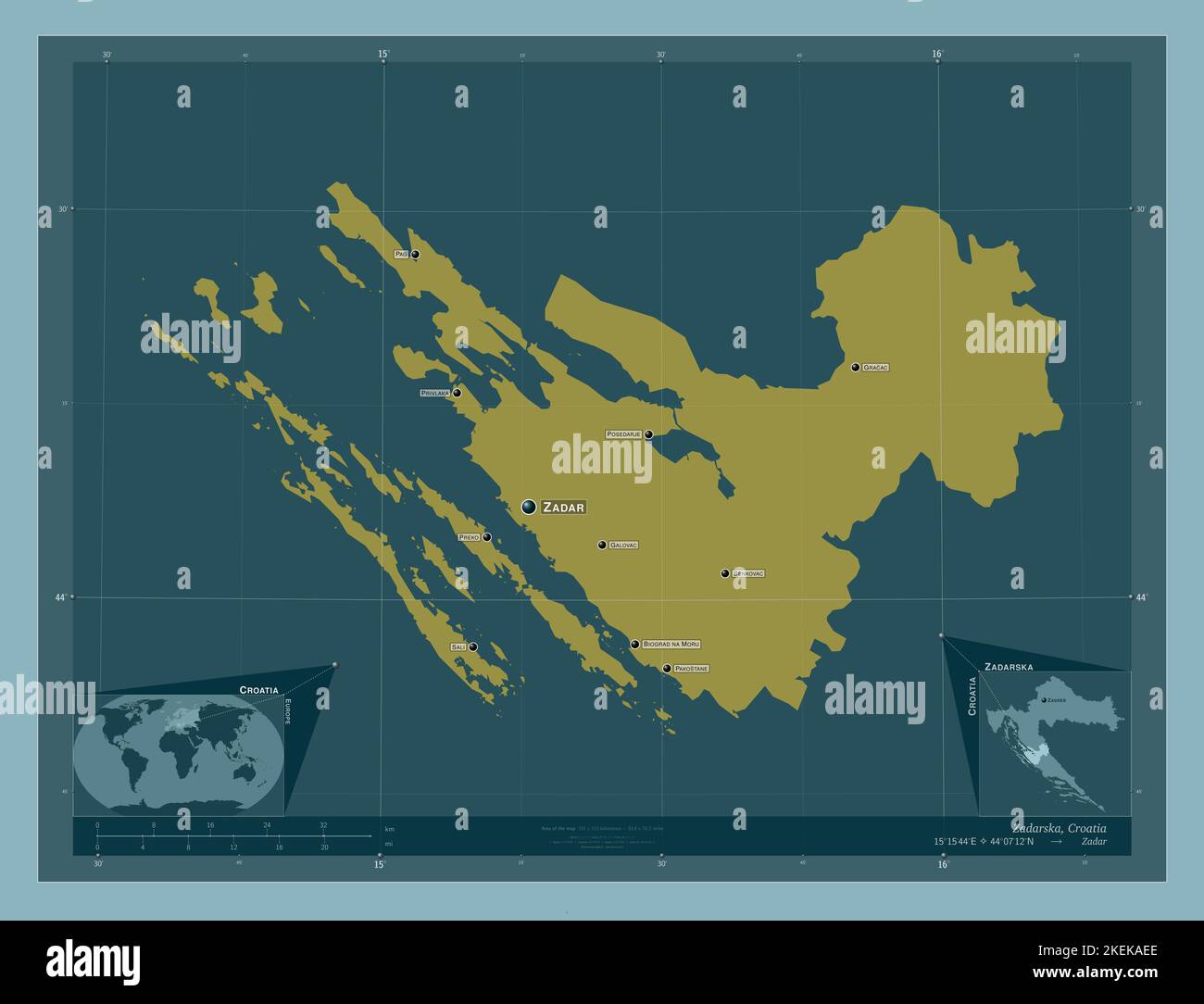 Zadarska, county of Croatia. Solid color shape. Locations and names of ...