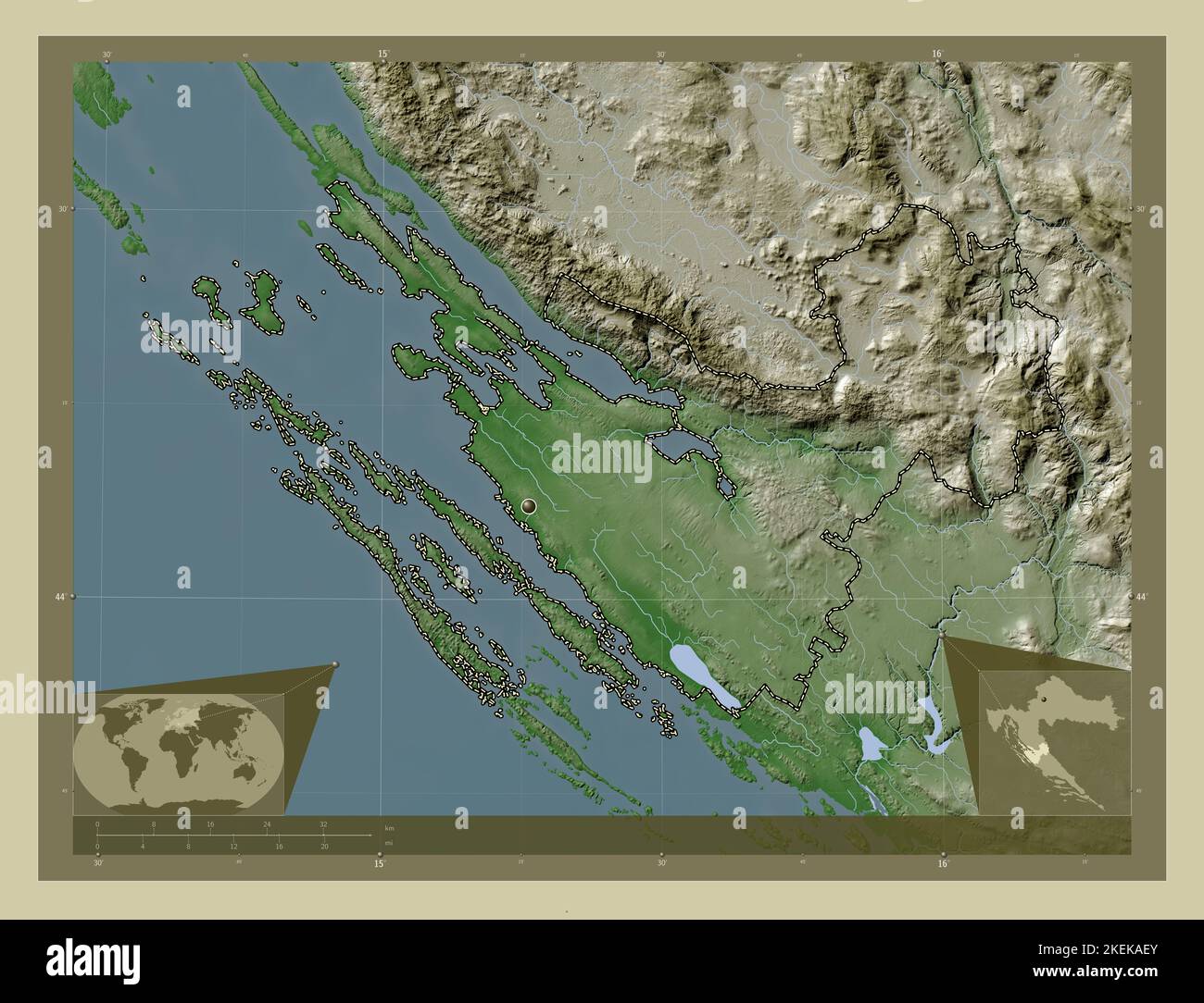 Zadarska, county of Croatia. Elevation map colored in wiki style with lakes and rivers. Corner ...