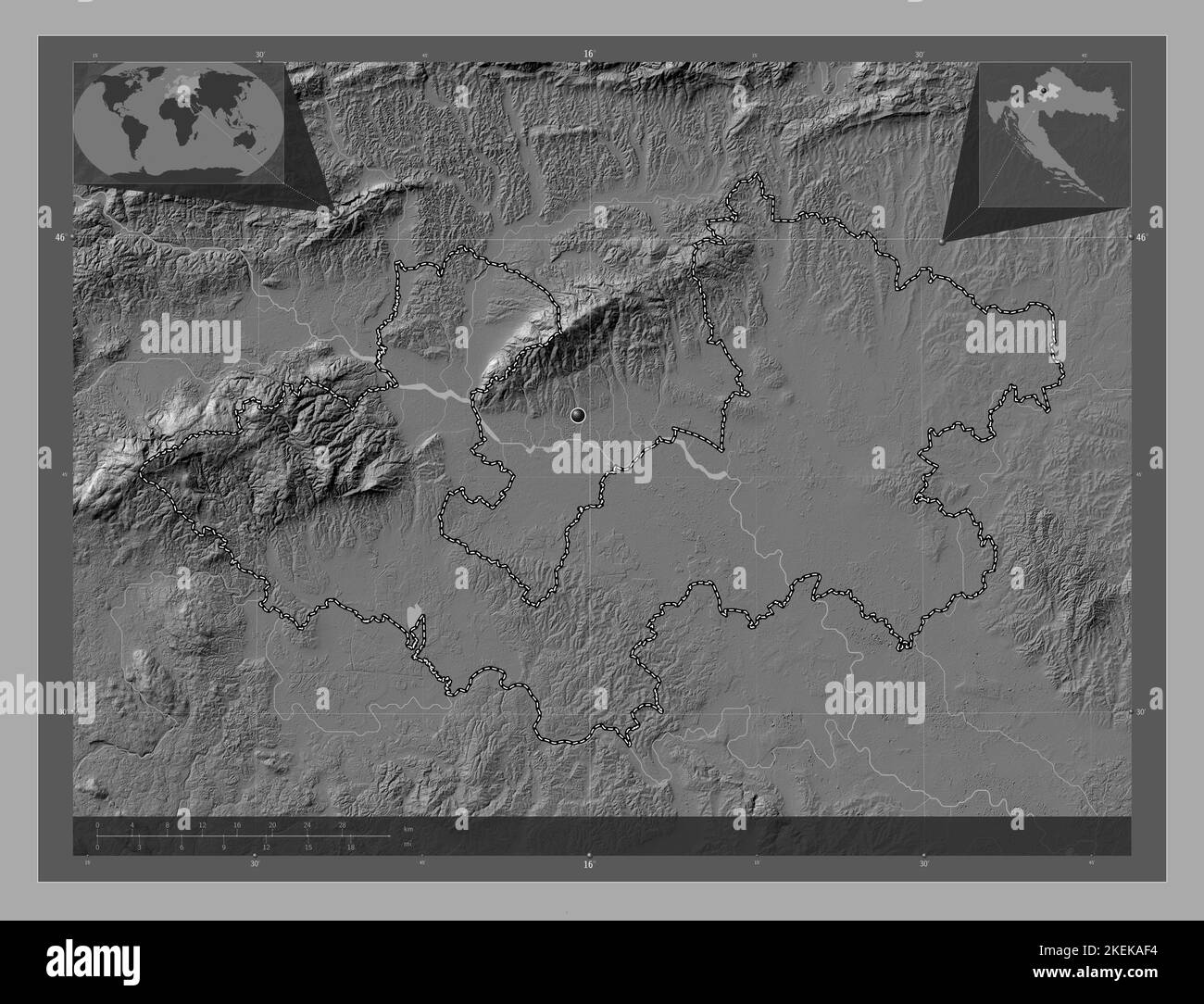 Zagrebacka, county of Croatia. Bilevel elevation map with lakes and ...