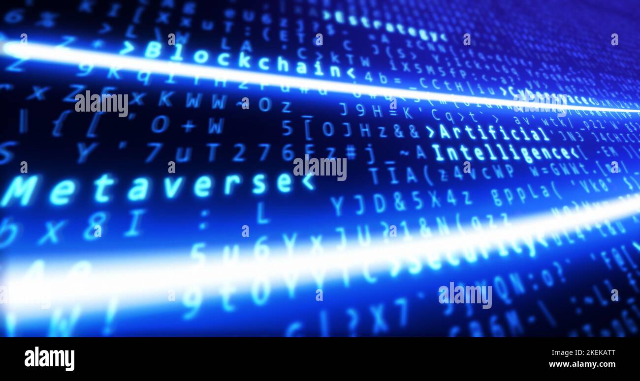 Binary code with artificial intelligence, block chain and metaverse text highlighting. Tech ...