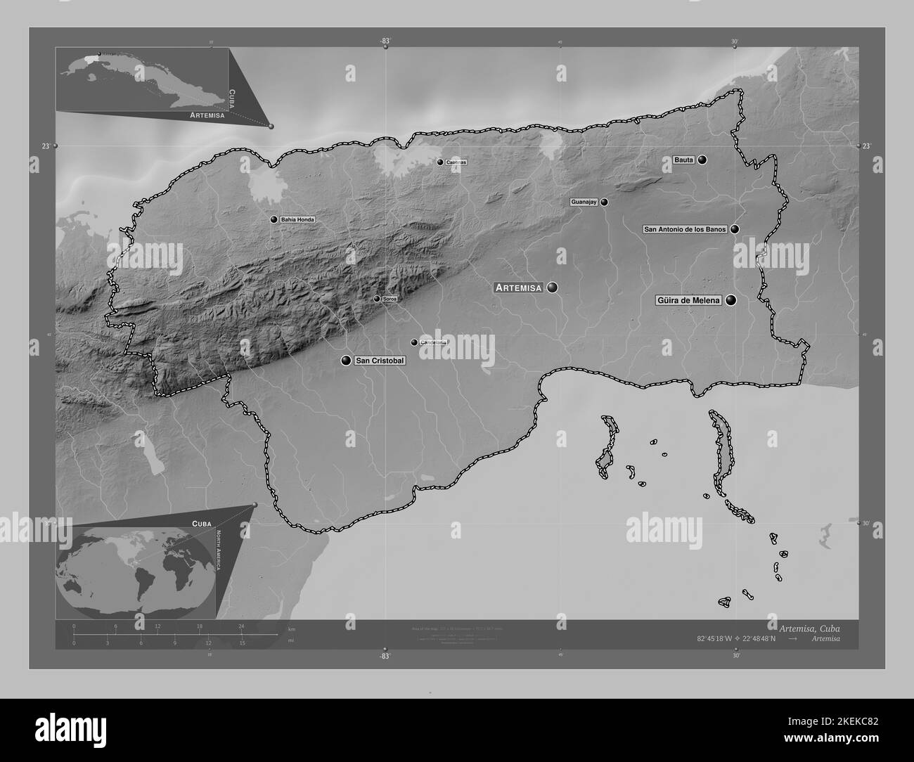 Artemisa, province of Cuba. Grayscale elevation map with lakes and ...