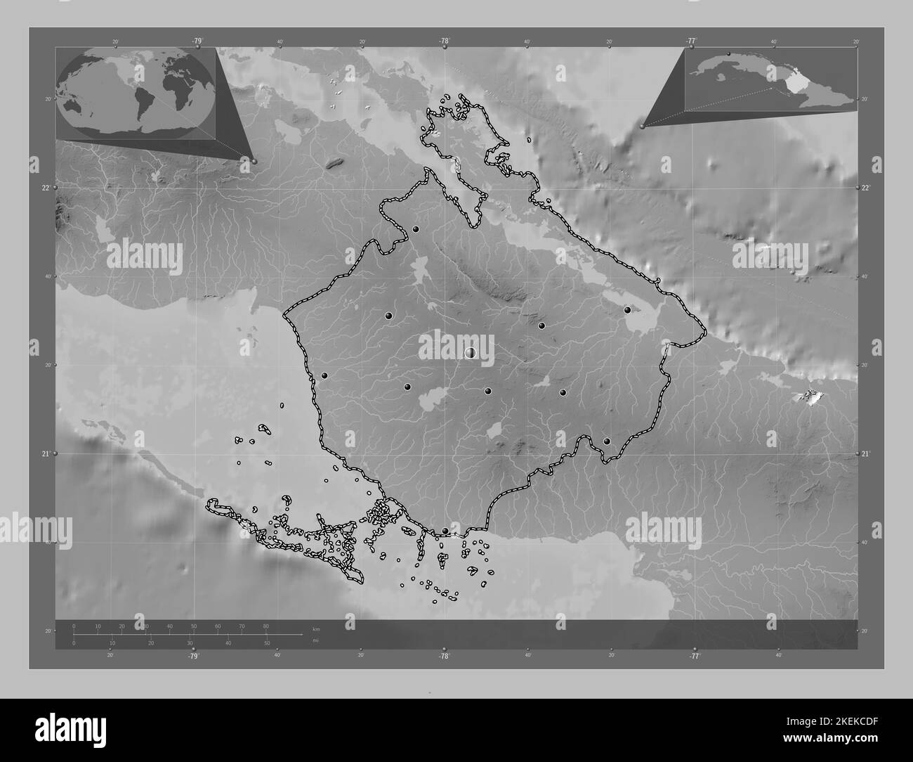 Camaguey, province of Cuba. Grayscale elevation map with lakes and ...