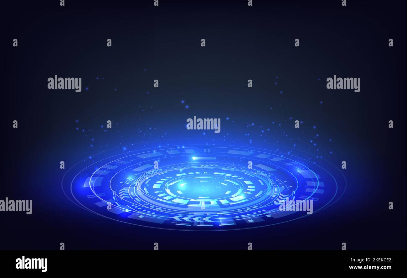 Futuristic sci-fi background. Blue circle portal with light flares and ...