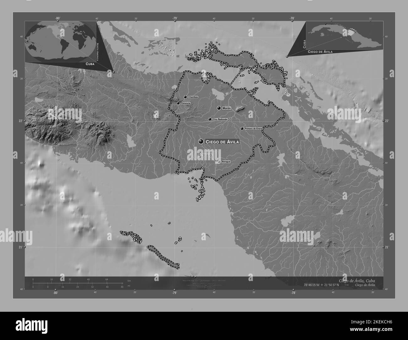 Ciego de Avila, province of Cuba. Bilevel elevation map with lakes and ...