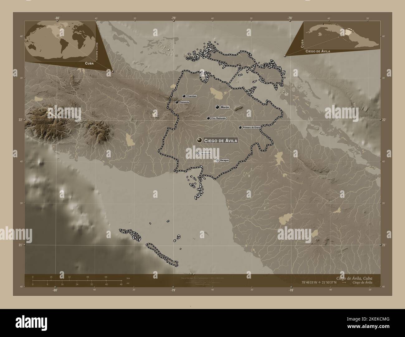 Ciego de Avila, province of Cuba. Elevation map colored in sepia tones ...