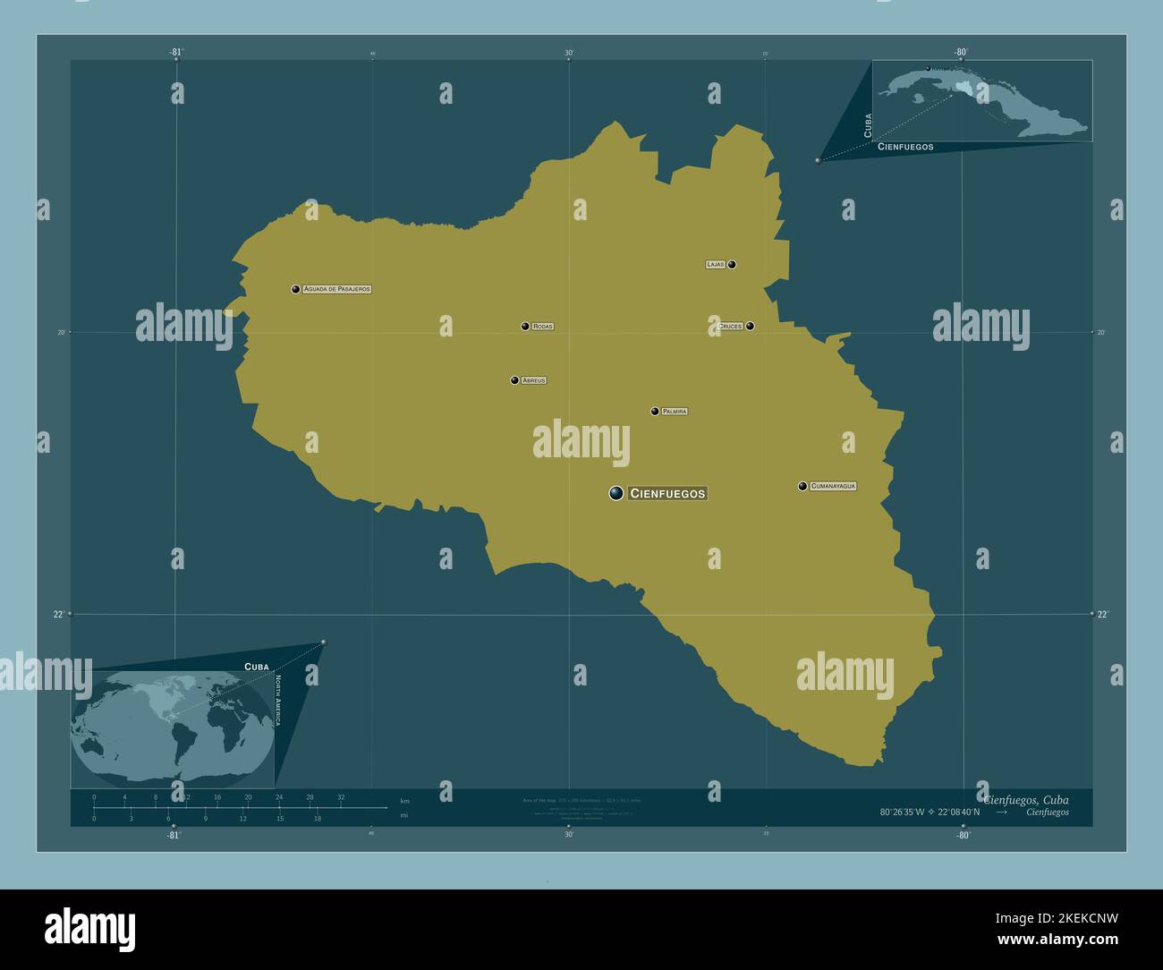 Cienfuegos, province of Cuba. Solid color shape. Locations and names of ...