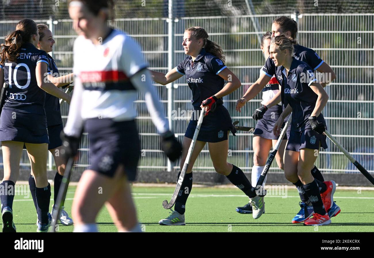 Oree's Camille Belis celebrates after scoring during a hockey game ...