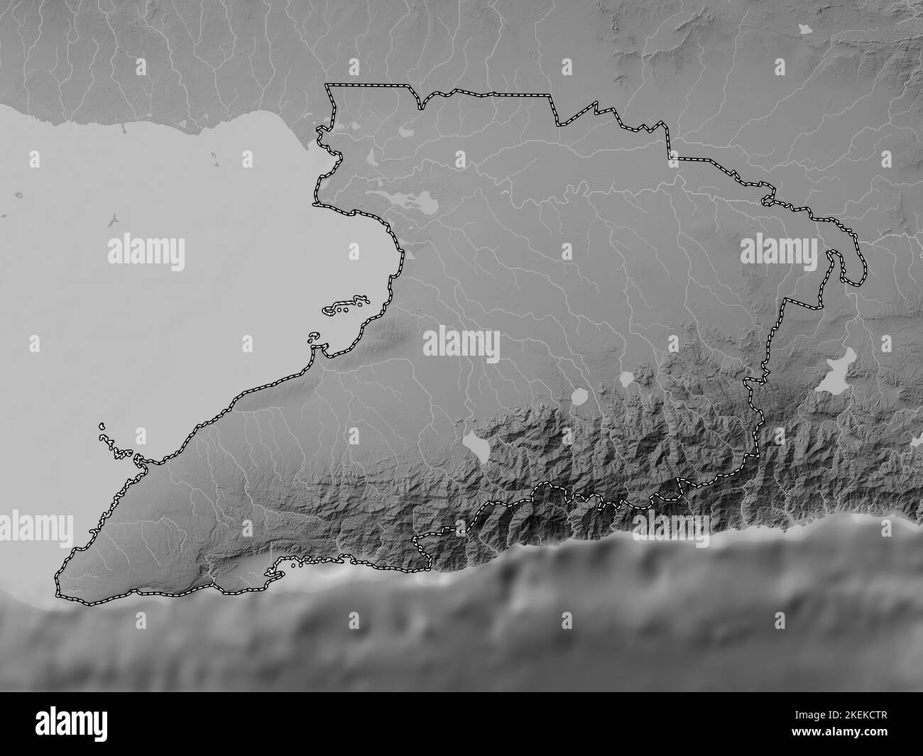 Granma, province of Cuba. Grayscale elevation map with lakes and rivers ...