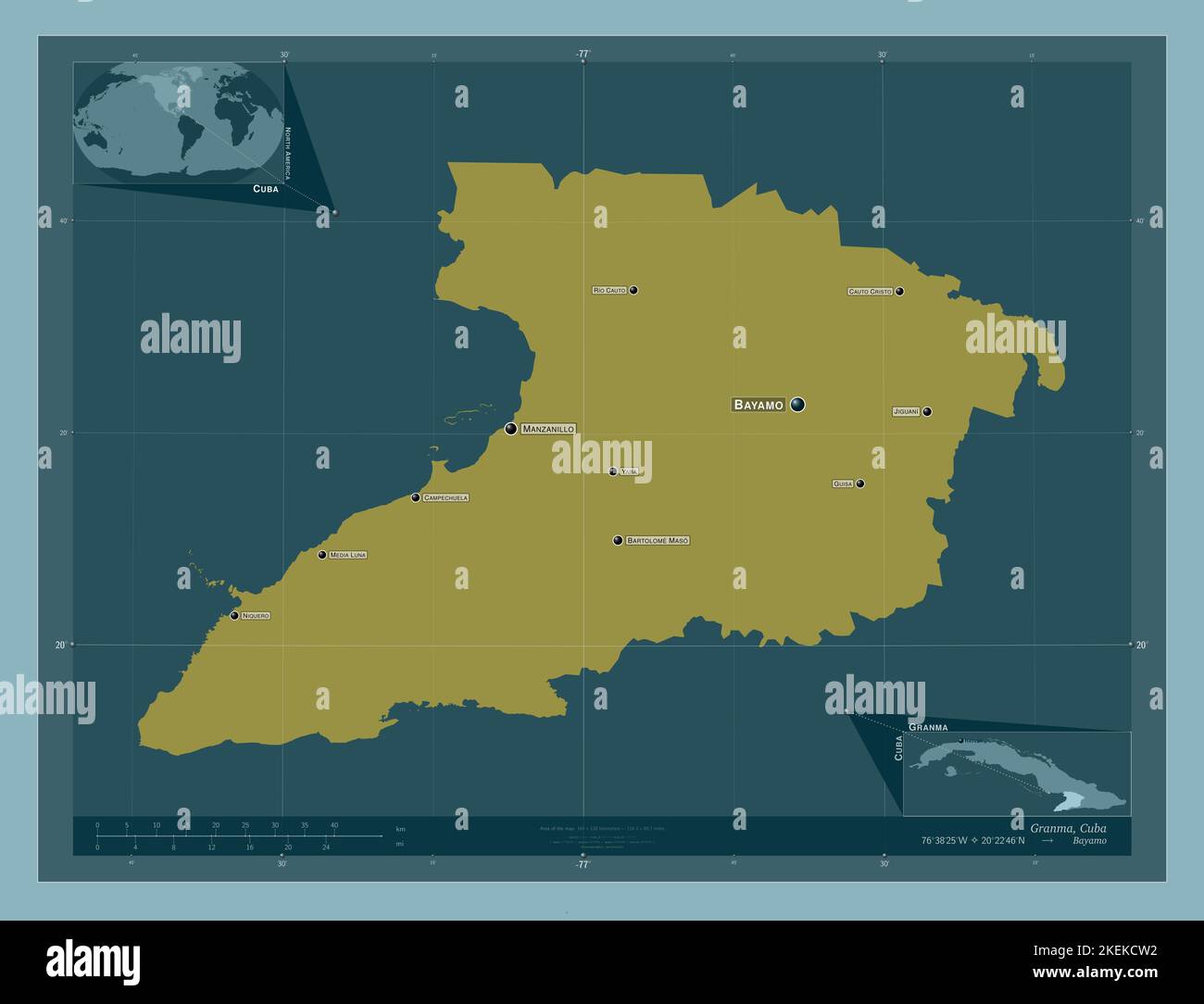 Granma, province of Cuba. Solid color shape. Locations and names of ...