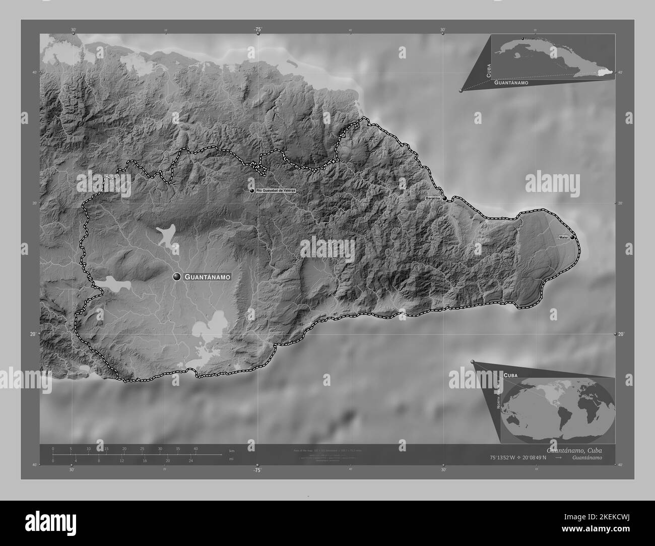 Guantanamo, province of Cuba. Grayscale elevation map with lakes and ...