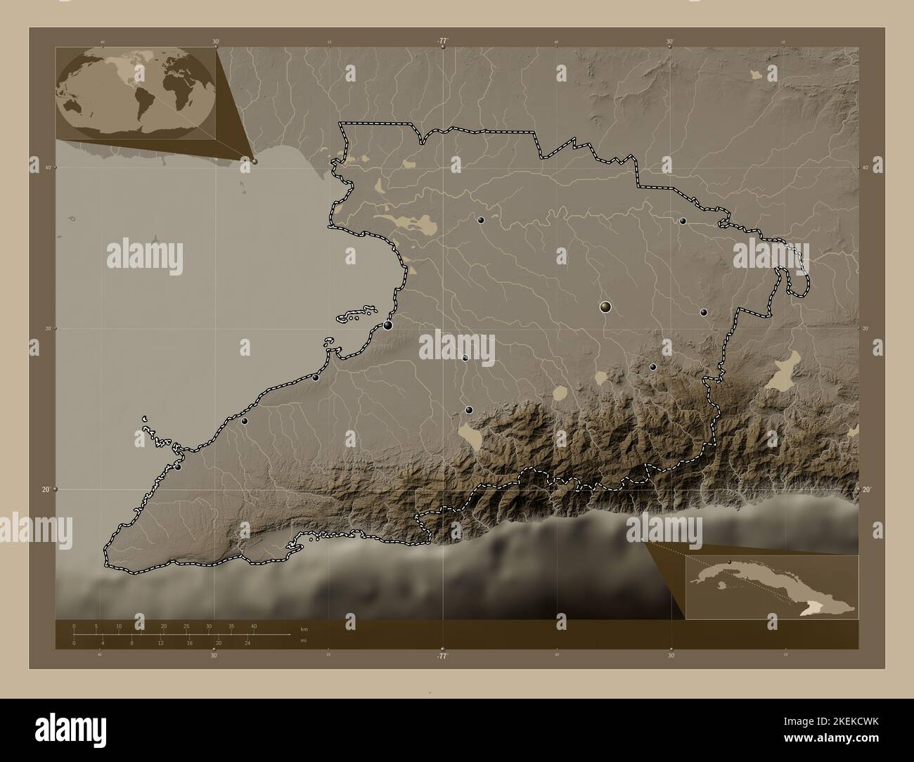 Granma, province of Cuba. Elevation map colored in sepia tones with ...